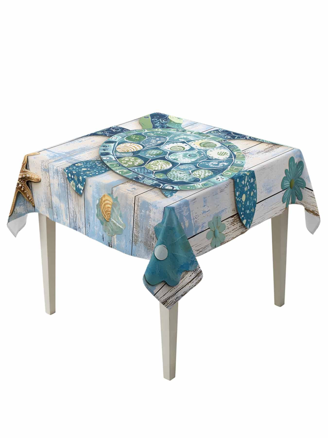 Blue Teal Coastal Table Cloth, Summer Beach Starfish Sea Turtle ...