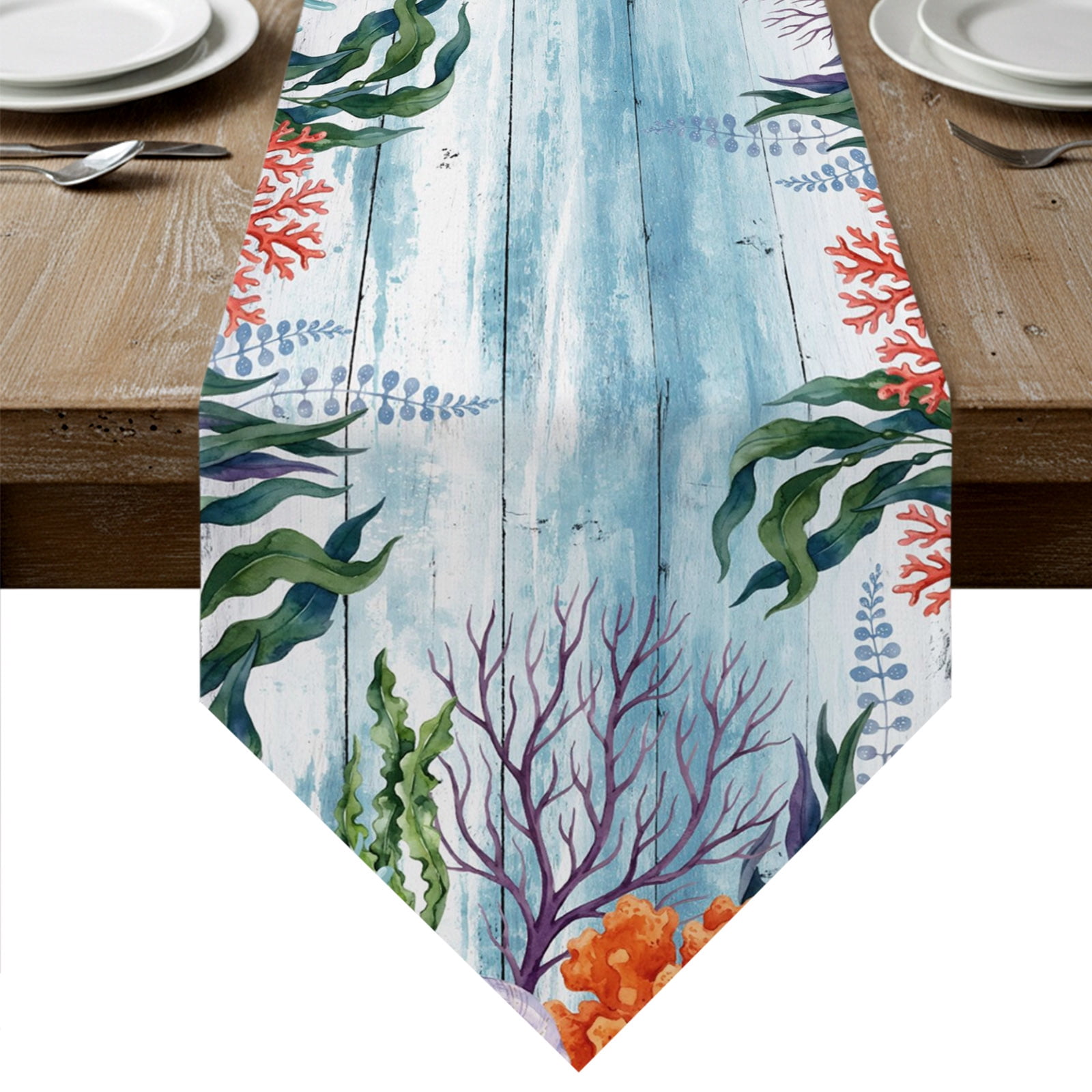 Blue Teal Coastal Table Runner Linen Burlap Table Runner 120 Inches ...