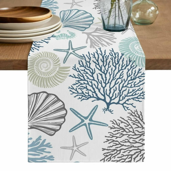Blue Teal Coastal Table Runner, Summer Beach Coral Shell Starfish ...
