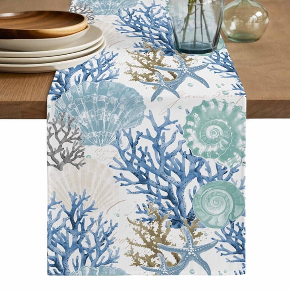Blue Teal Coastal Table Runner, Summer Beach Nautical Coral Starfish ...