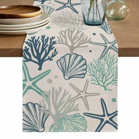 Blue Teal Coastal Table Runner, Summer Beach Starfish Coral Nautical ...