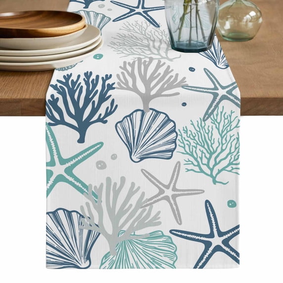 Blue Teal Coastal Table Runner, Summer Beach Starfish Coral Nautical ...