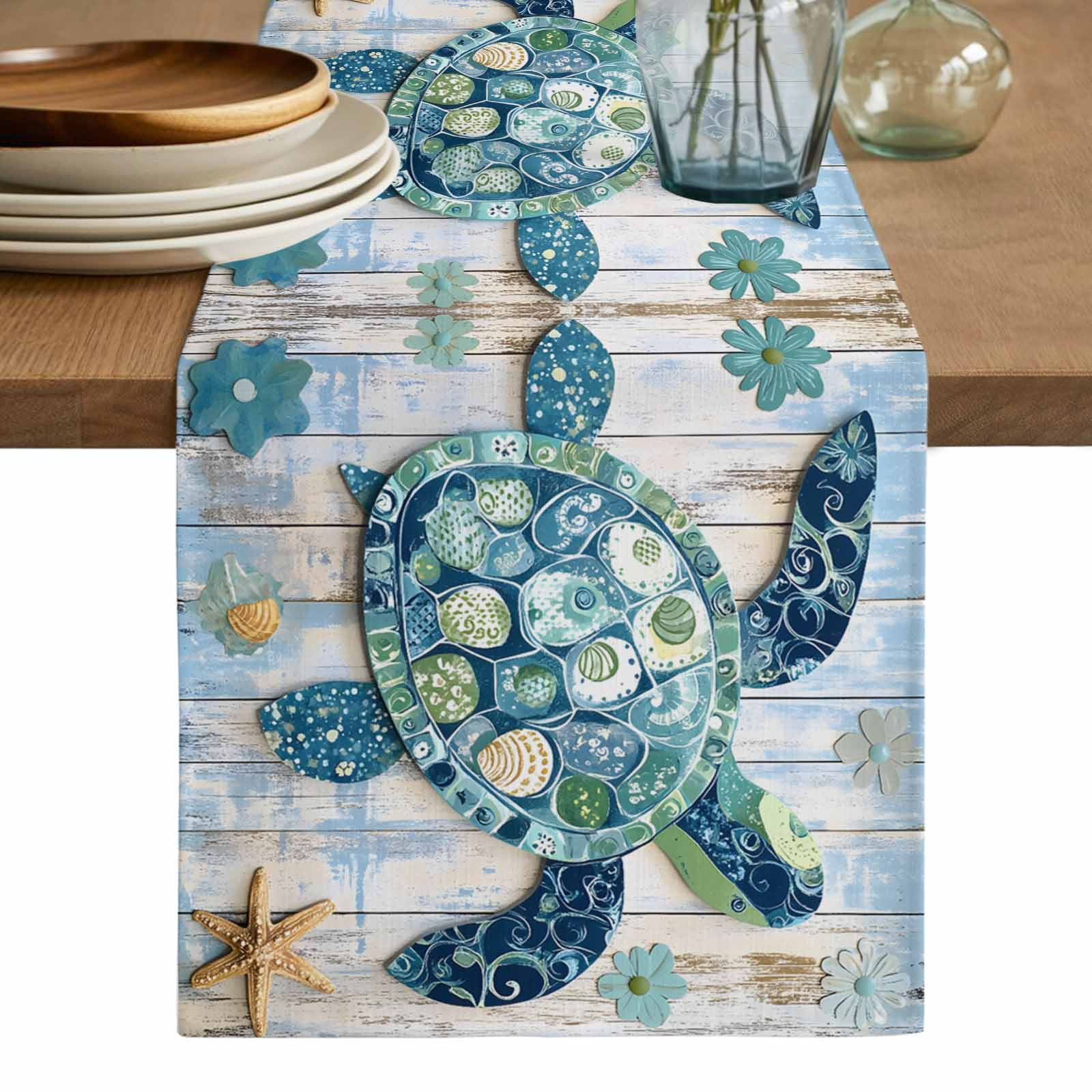 Blue Teal Coastal Table Runner, Summer Beach Starfish Sea Turtle ...