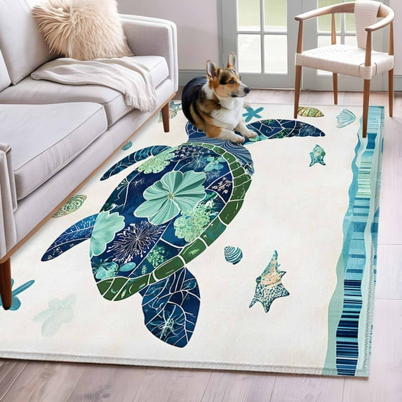 Blue Teal Coastal Turtle Area Rug 3x5 Washable Rug Non Slip Summer ...