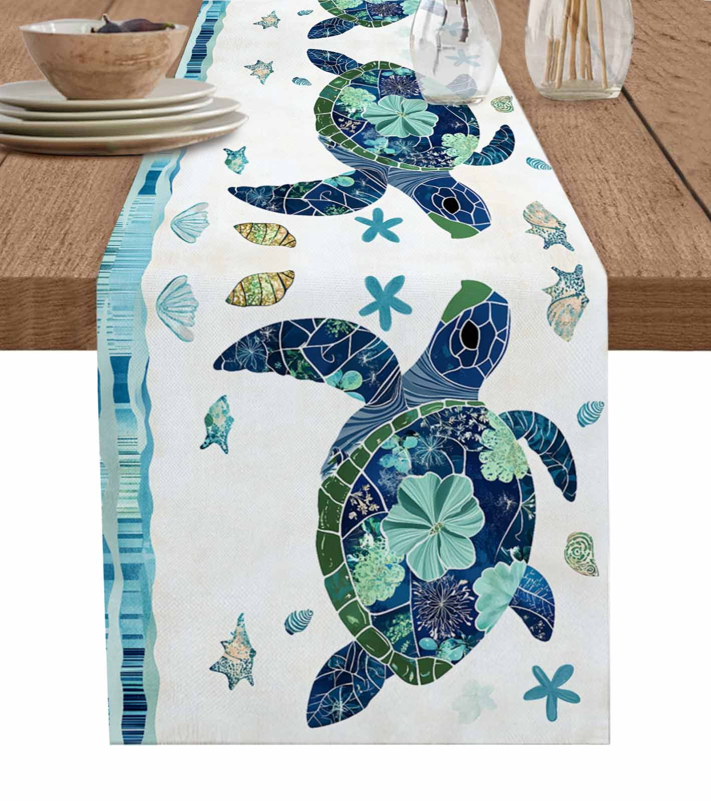 Blue Teal Coastal Turtle Burlap Cotton Table Runner 13x120 Inches Long ...