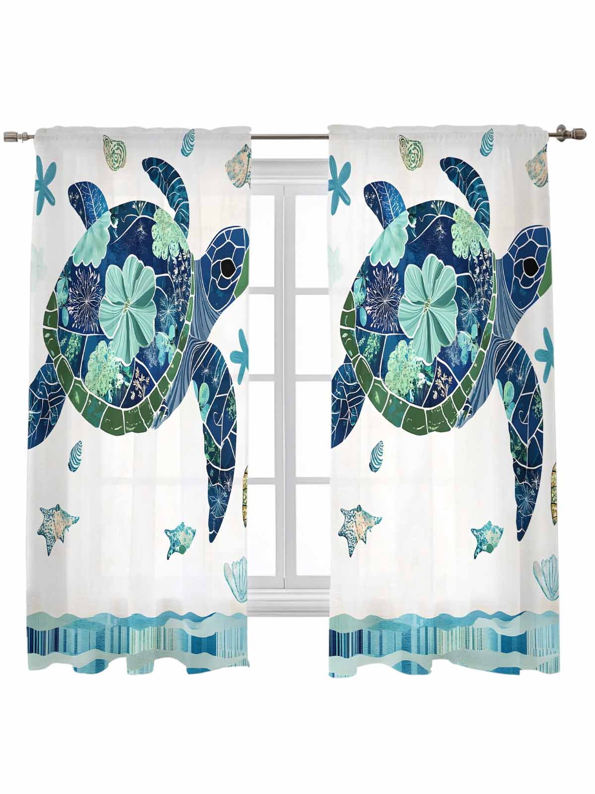 Blue Teal Coastal Turtle Curtains 63 Inch Length,Sheer Curtains for ...