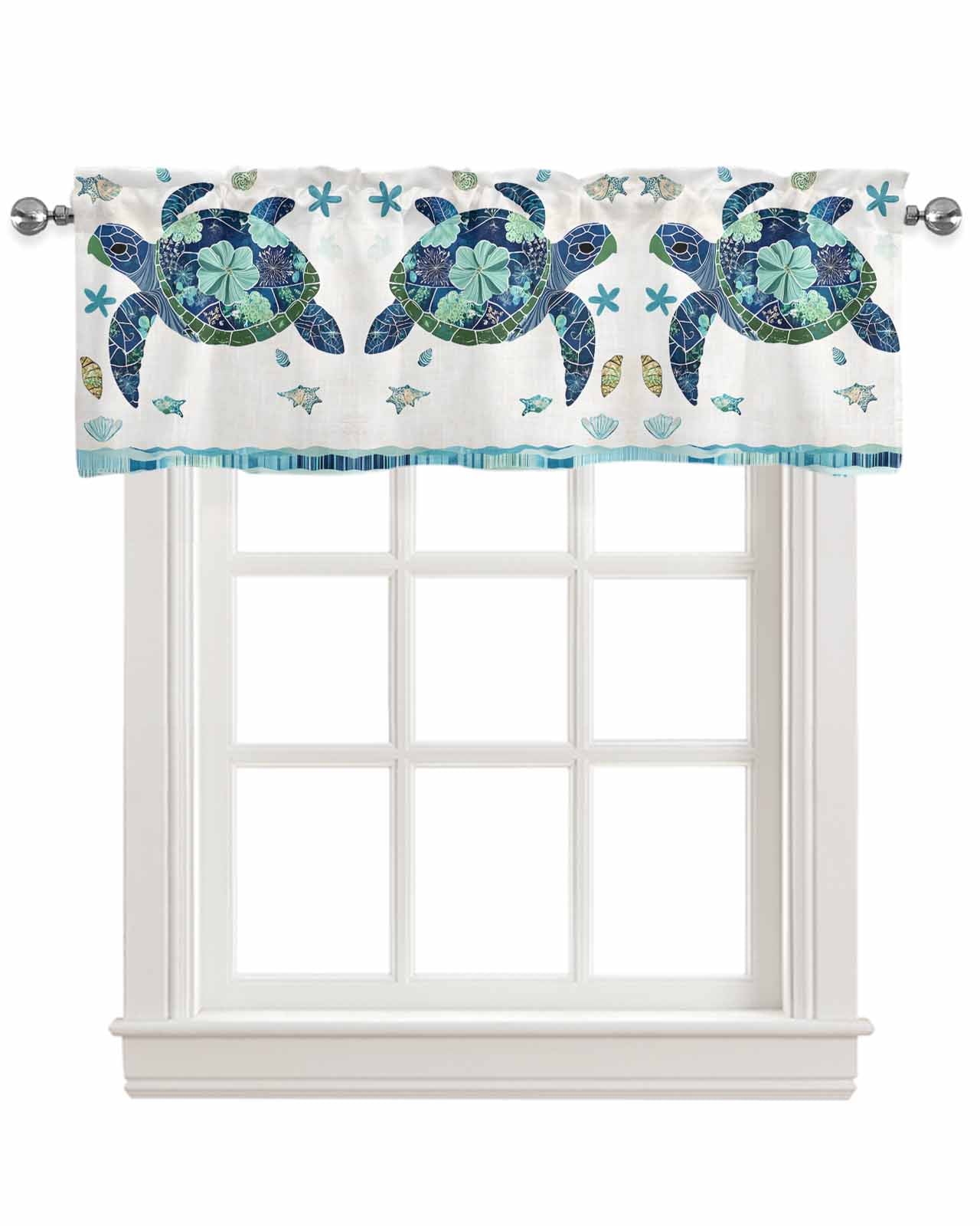 Blue Teal Coastal Turtle Kitchen Valances for Windows Farmhouse Linen ...