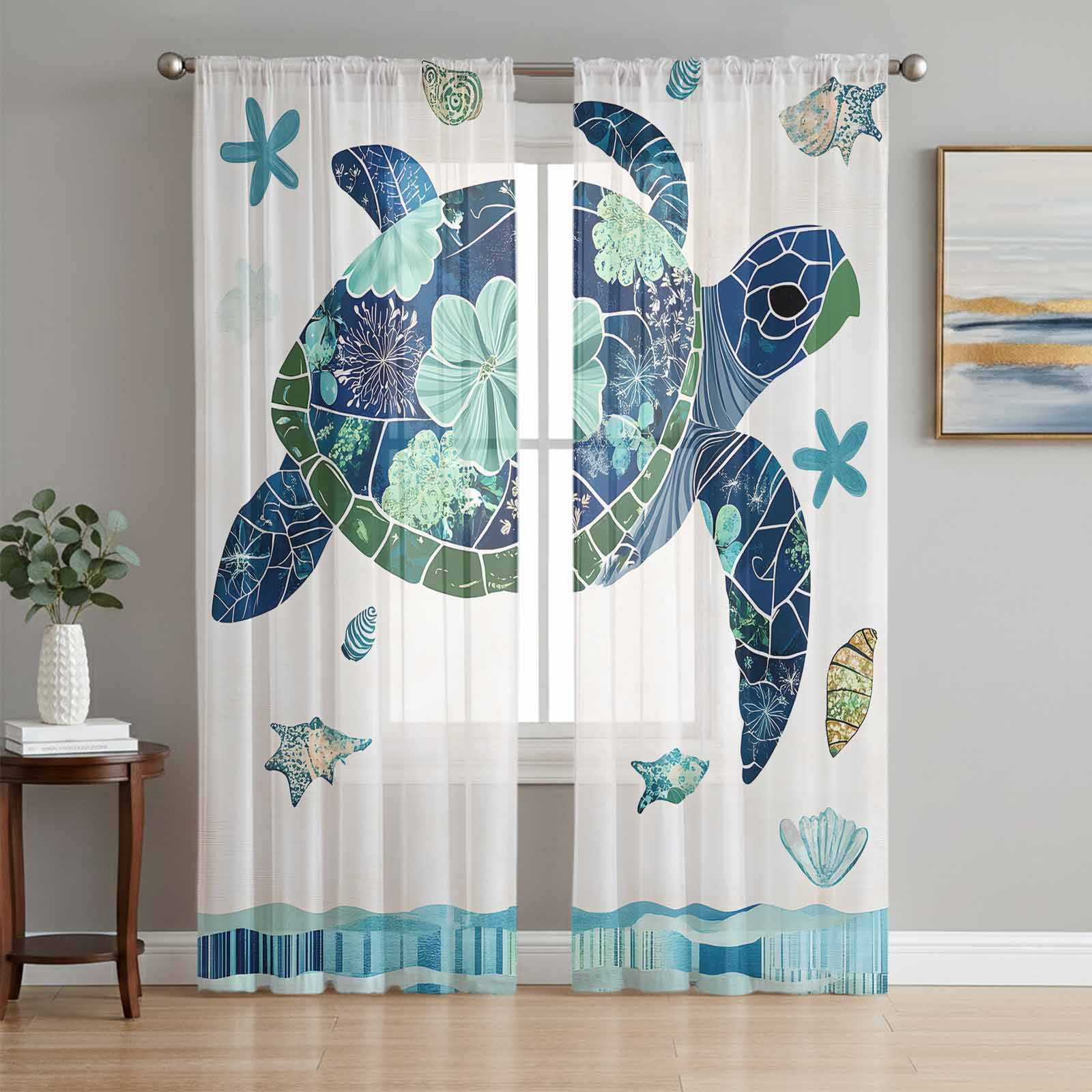 Blue Teal Coastal Turtle Semi Sheer Curtains 108 Inch Length 2 Panels ...