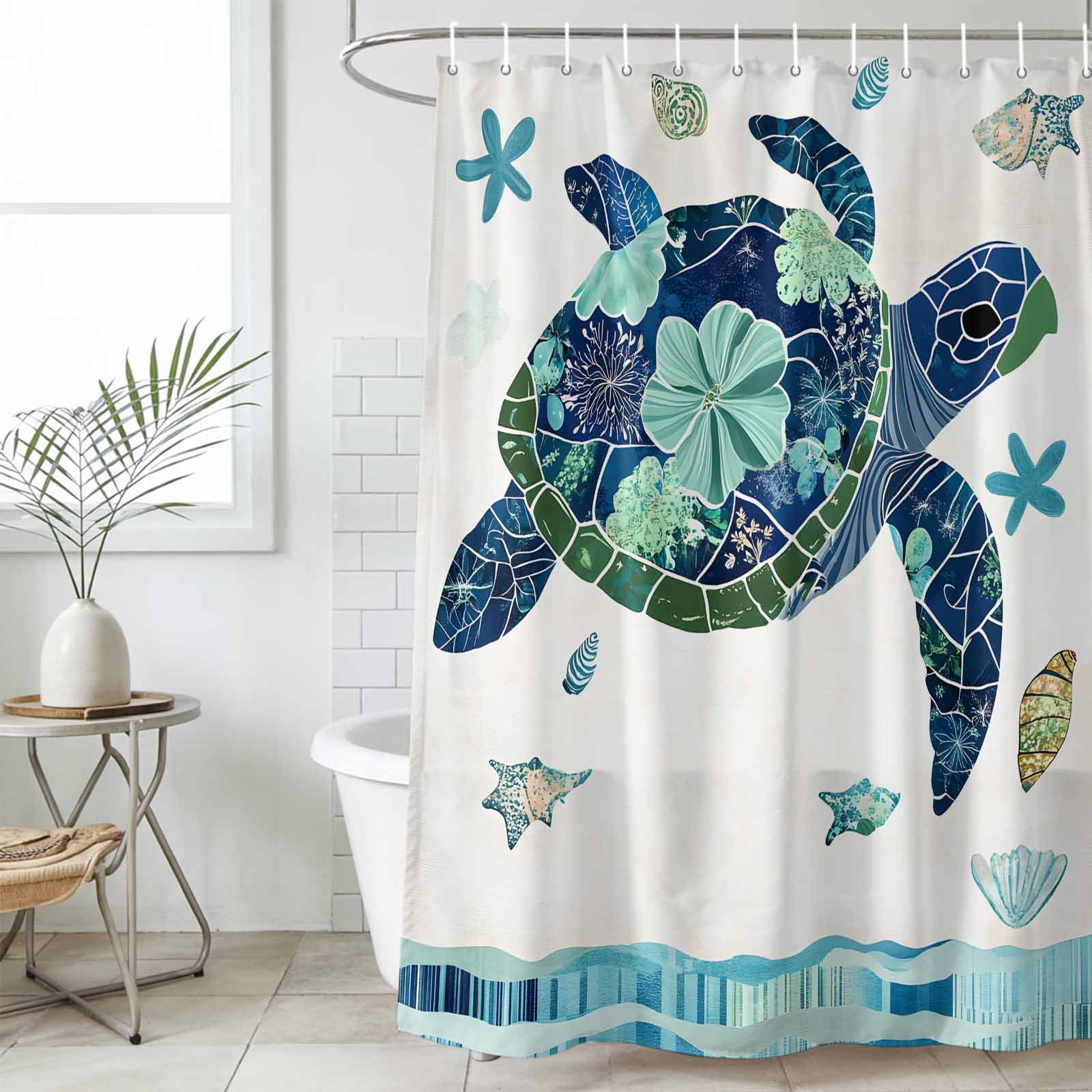 Blue Teal Coastal Turtle Shower Curtain Set, Waterproof Shower Curtains ...