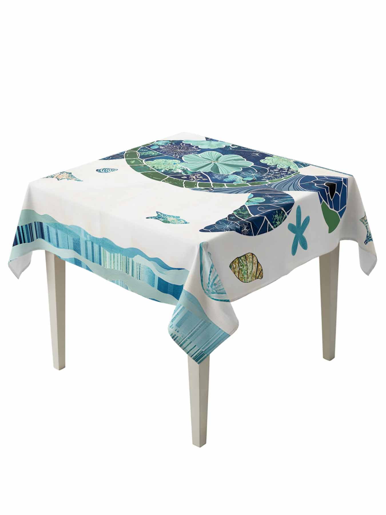 Blue Teal Coastal Turtle Table Cloth, Summer Beach Starfish Nautical ...