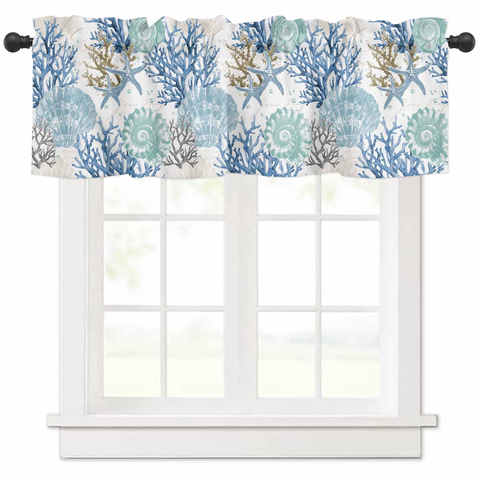Blue Teal Coastal Valances for Windows Farmhouse Kitchen Curtains ...