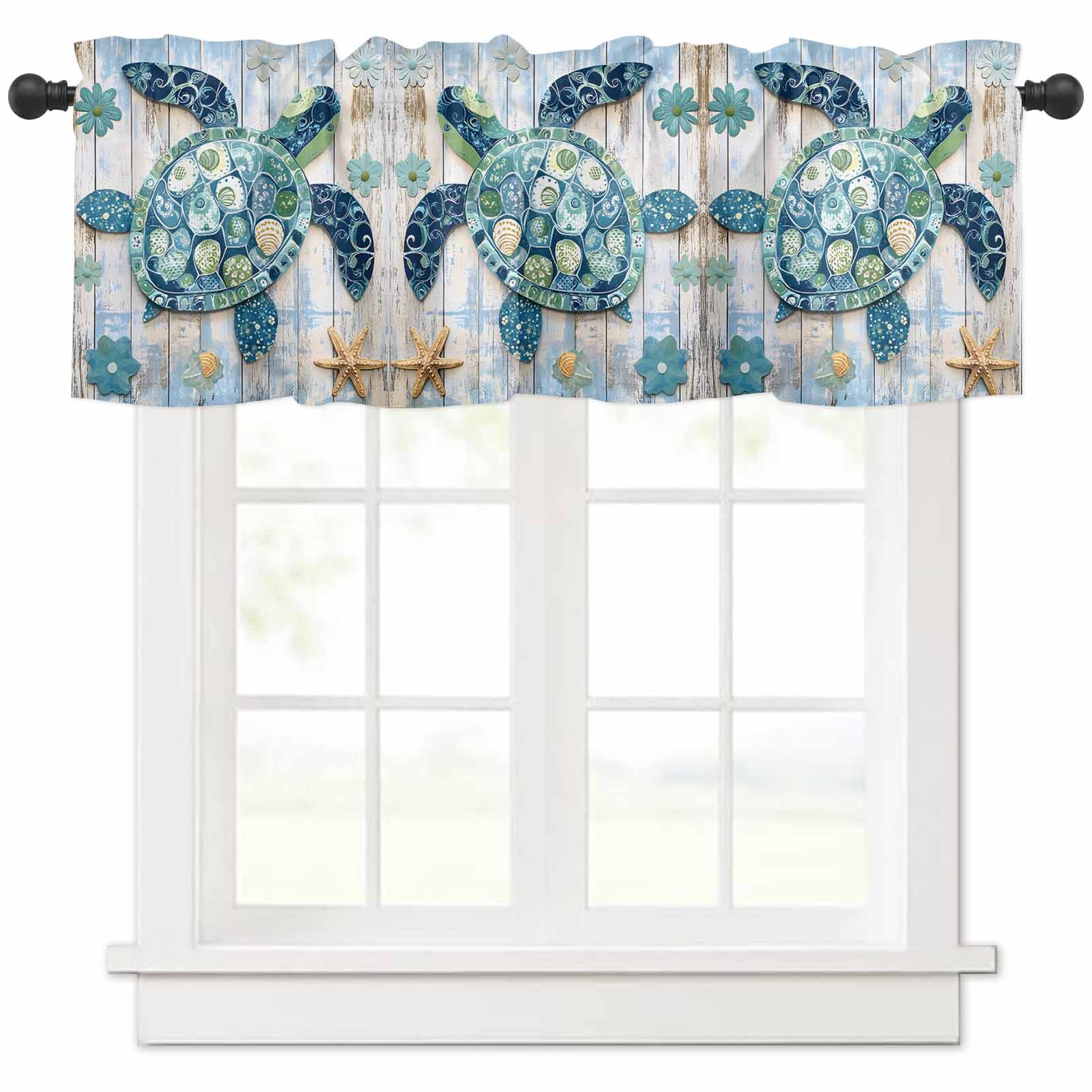 Blue Teal Coastal Valances for Windows Farmhouse Kitchen Curtains ...