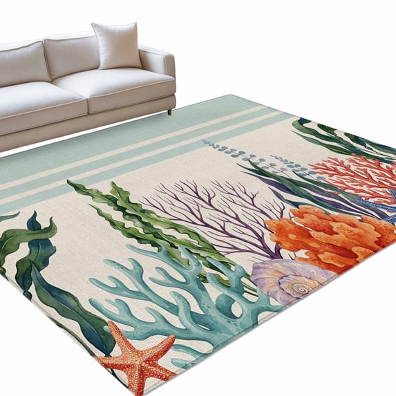 Blue Teal Coastal Washable Rug 5x7 Area Rug for Living Room Bedroom Non ...