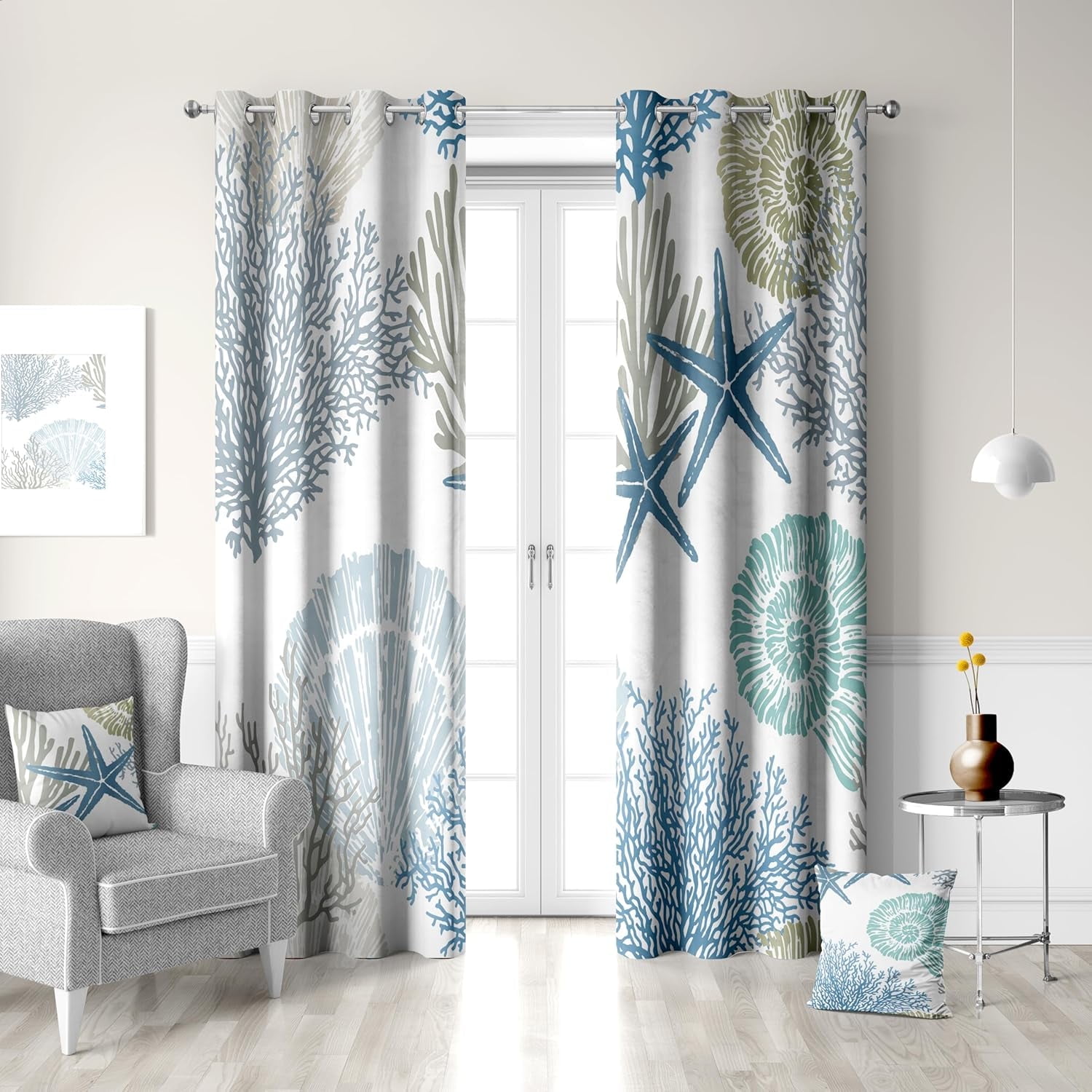 Blue Teal Coastal Window Curtains, Beach Nautical Starfish Coral Window ...