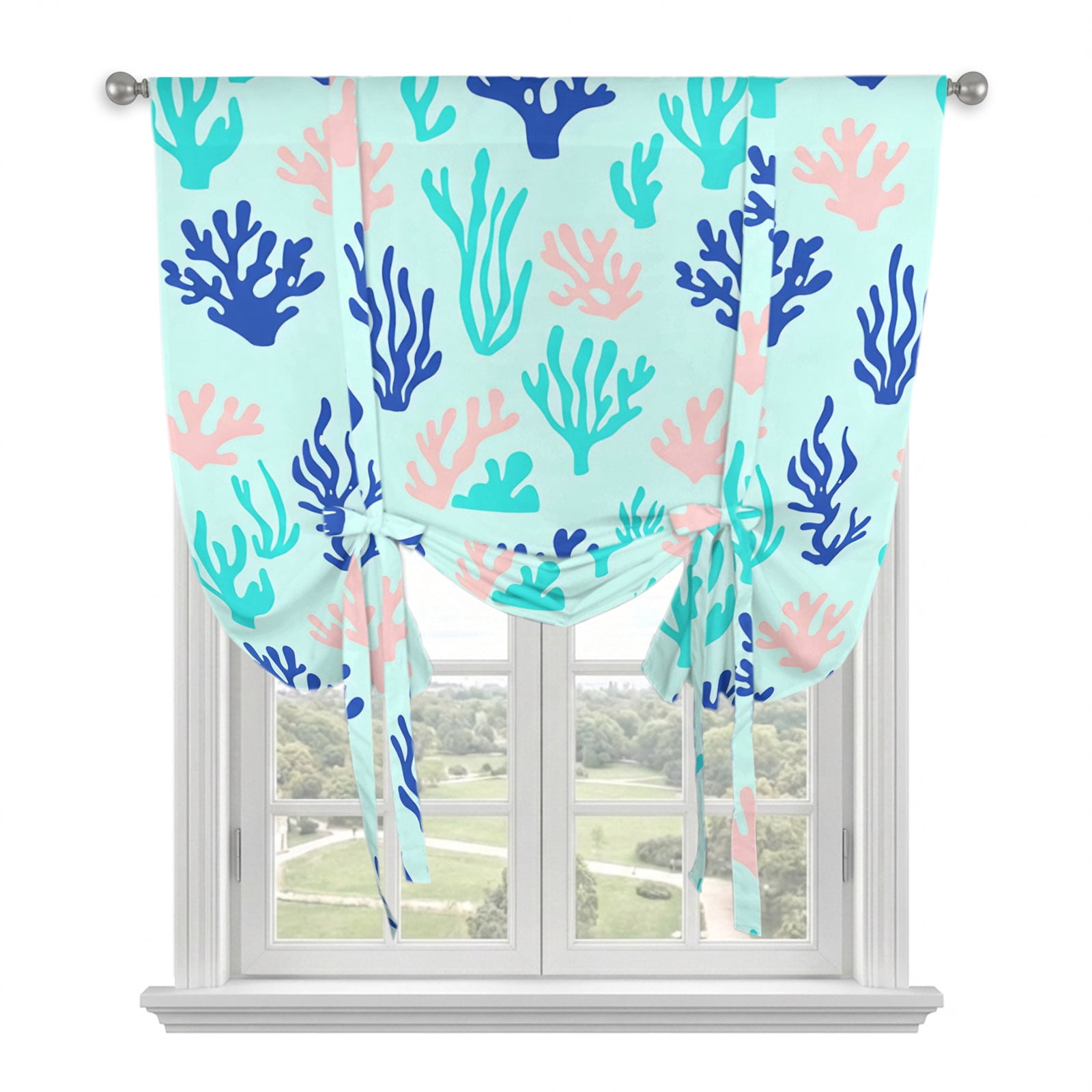 Blue Teal Coral Coastal Tie Up Curtains for Window, Thermal Insulated ...