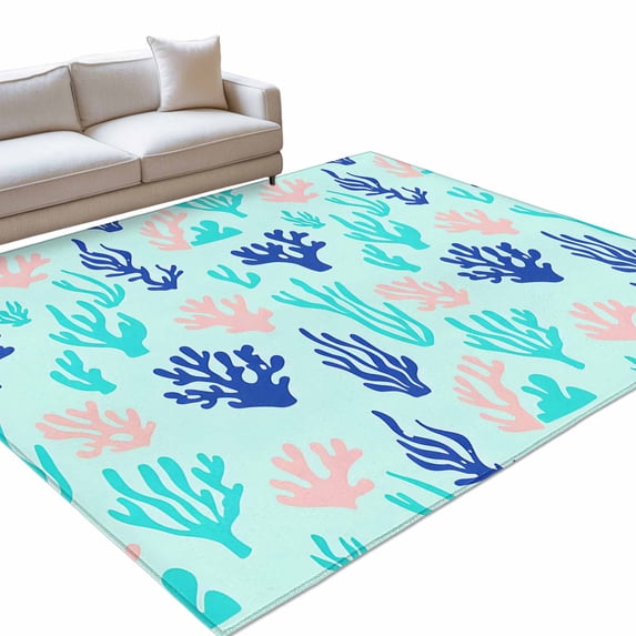 Blue Teal Coral Coastal Washable Rug 5x7 Area Rug for Living Room ...