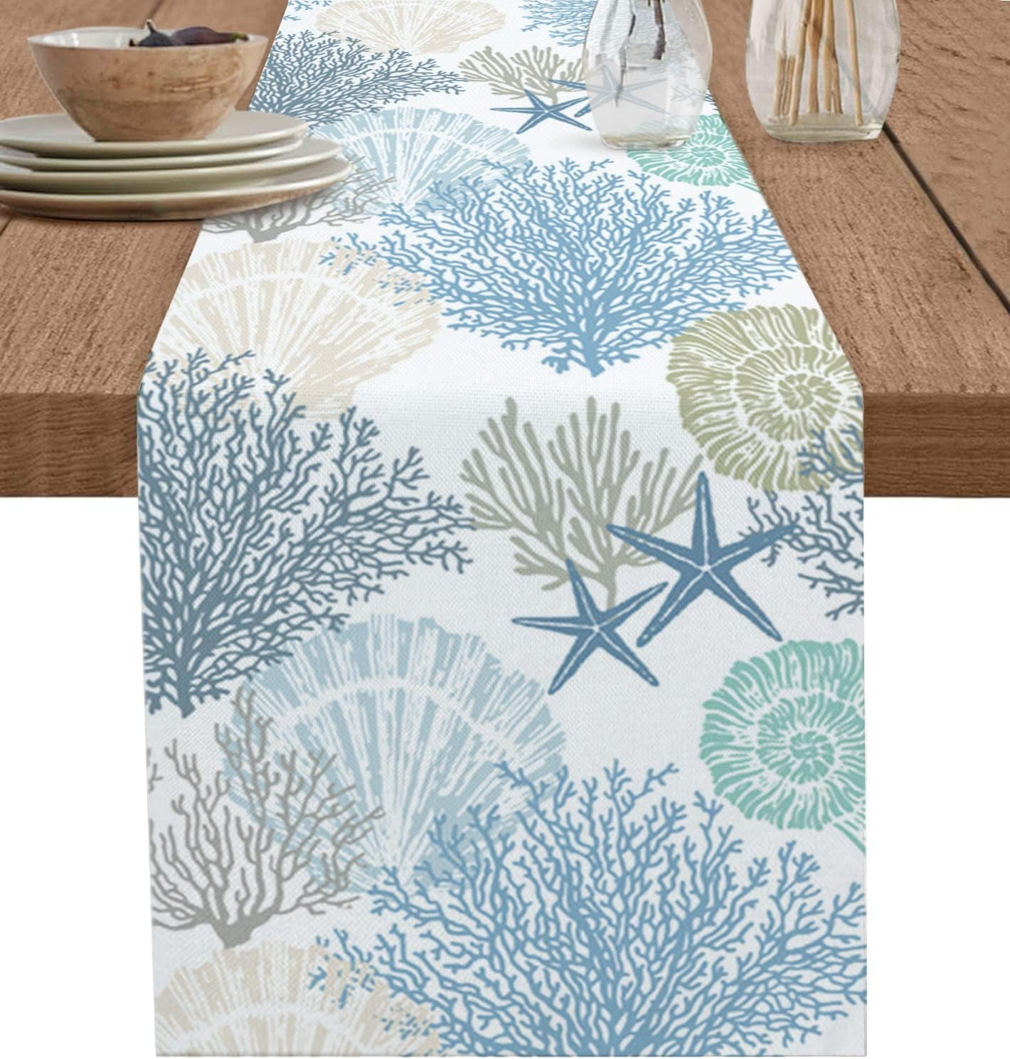 Blue Teal Coral Linen Table Runners Summer Theme Beach Star Dresser ...