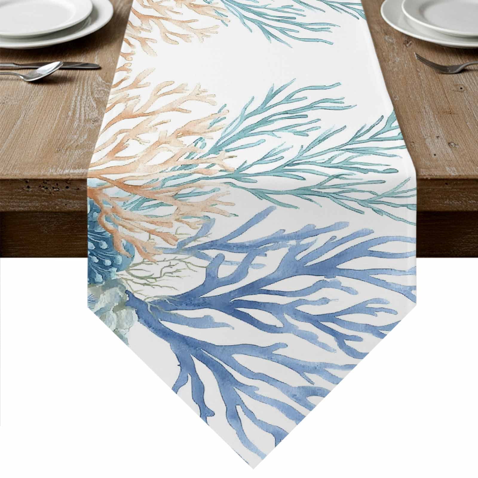 Blue Teal Coral Table Runner Linen Burlap Table Runner 72 Inches Long ...