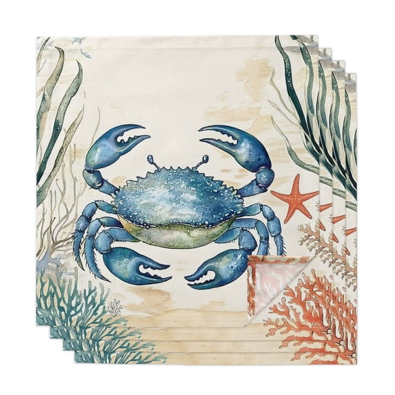 Blue Teal Crab Coastal Cloth Napkins, Nautical Coral Starfish Beach ...