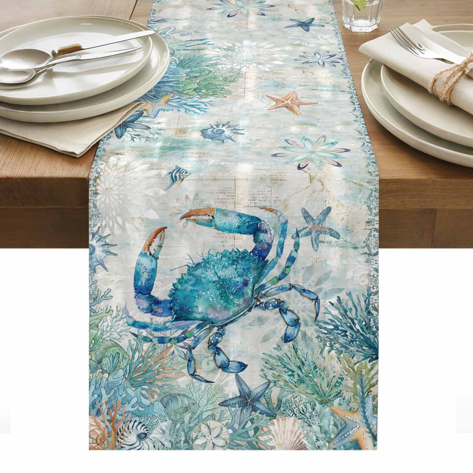 Blue Teal Crab Coastal Cotton Linen Table Runner Summer Beach Ocean ...