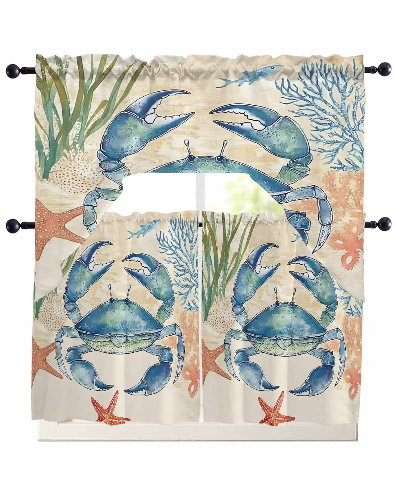 Blue Teal Crab Coastal Kitchen Curtains Sets 24 Inch Length with ...