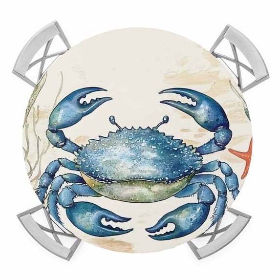 Blue Teal Crab Coastal Round Tablecloth for 55-60 Inch Tables,Fitted ...