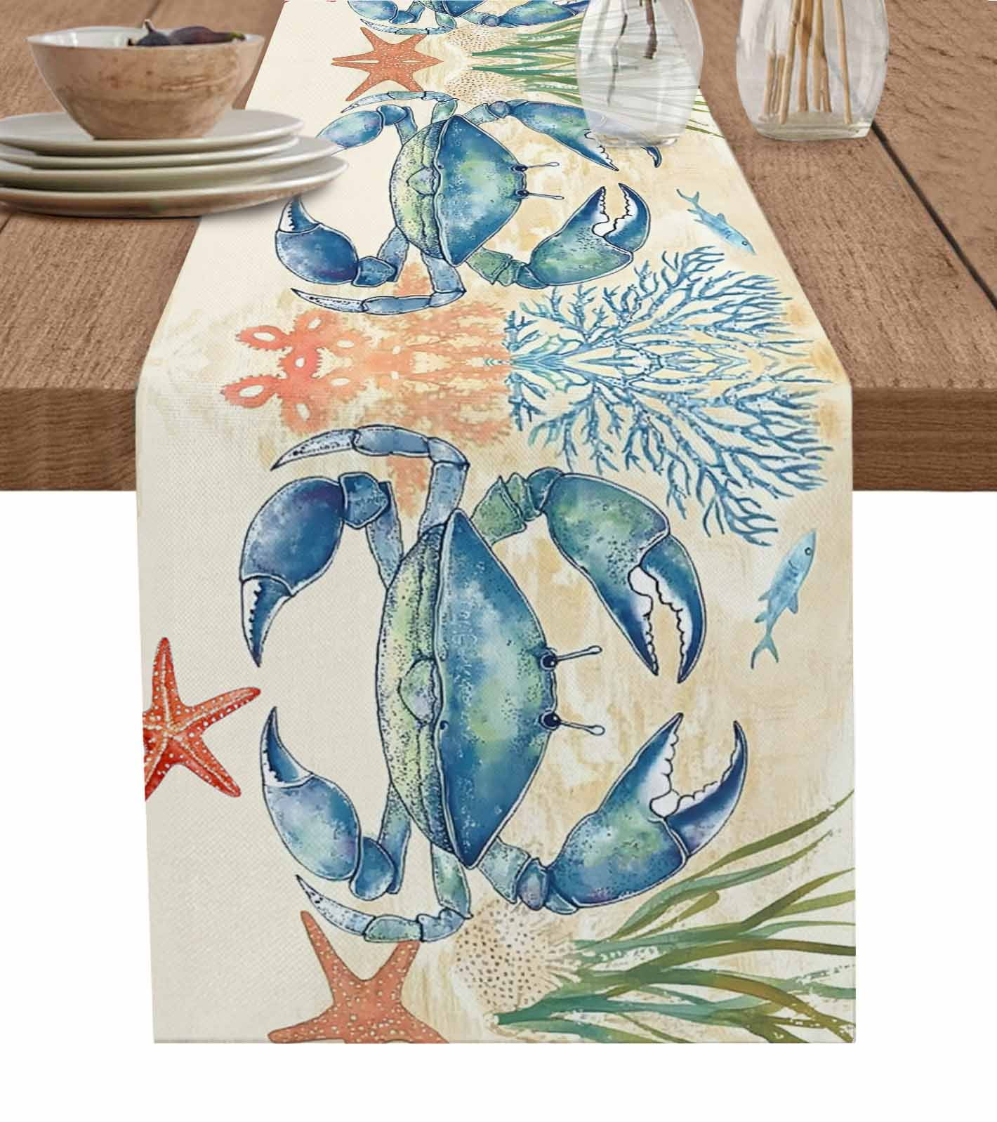 Blue Teal Crab Coastal Table Runner 72 Inches, Nautical Beach Coral ...