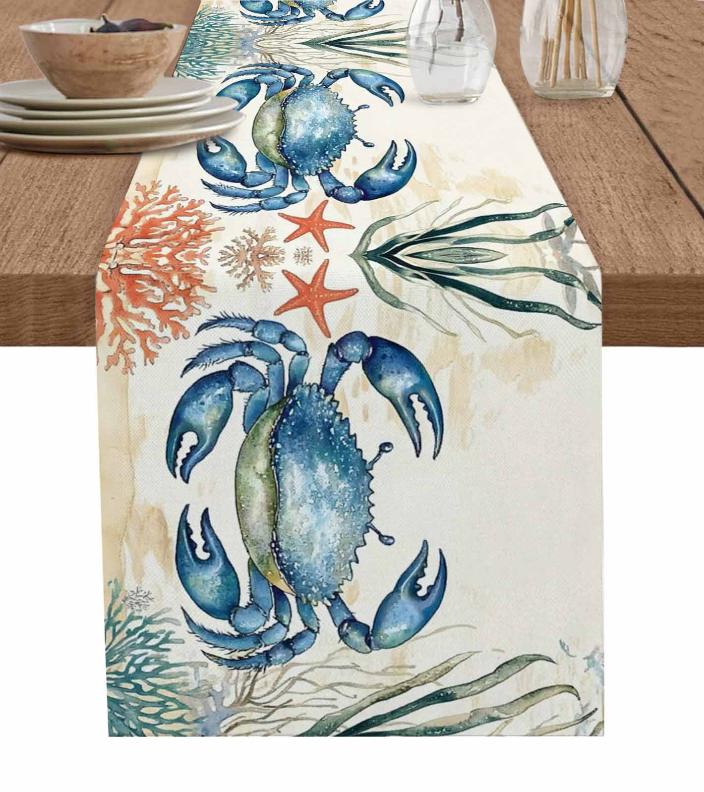 Blue Teal Crab Coastal Table Runner 90 Inches, Nautical Coral Starfish ...
