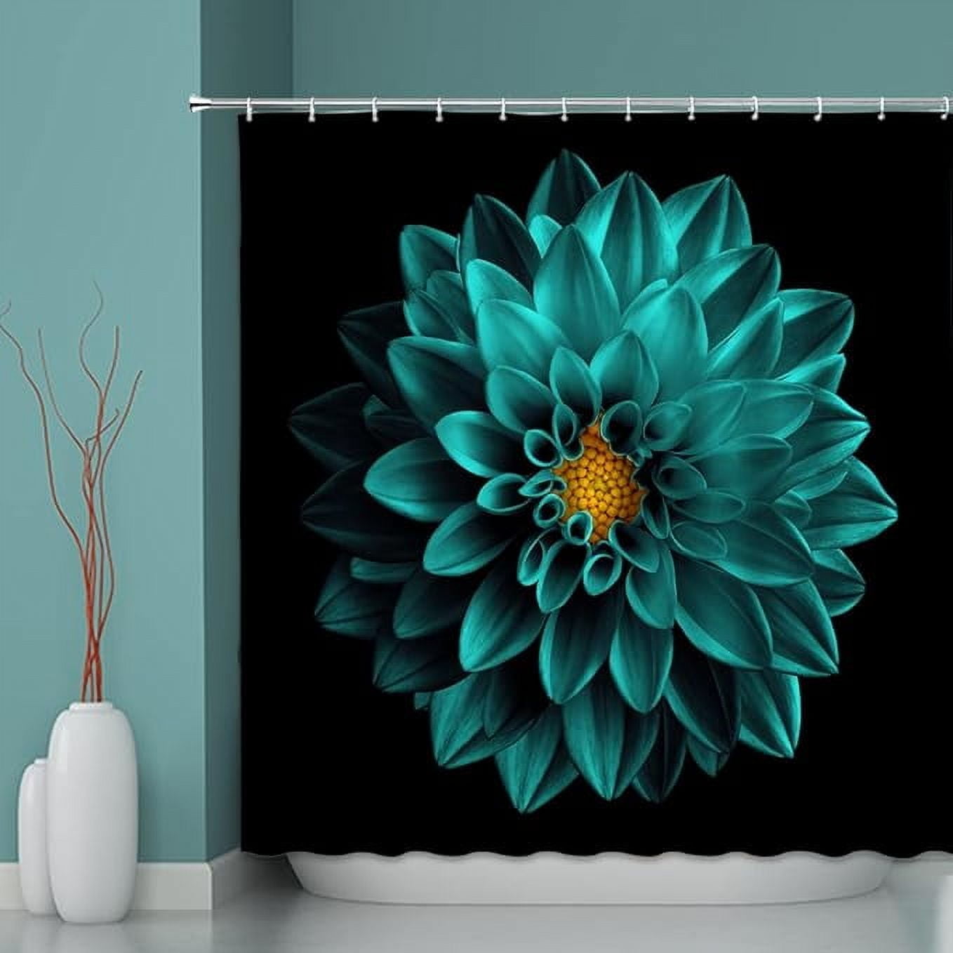 Blue Teal Dahlia Shower Curtain Black Background Multi Colorful Plant ...