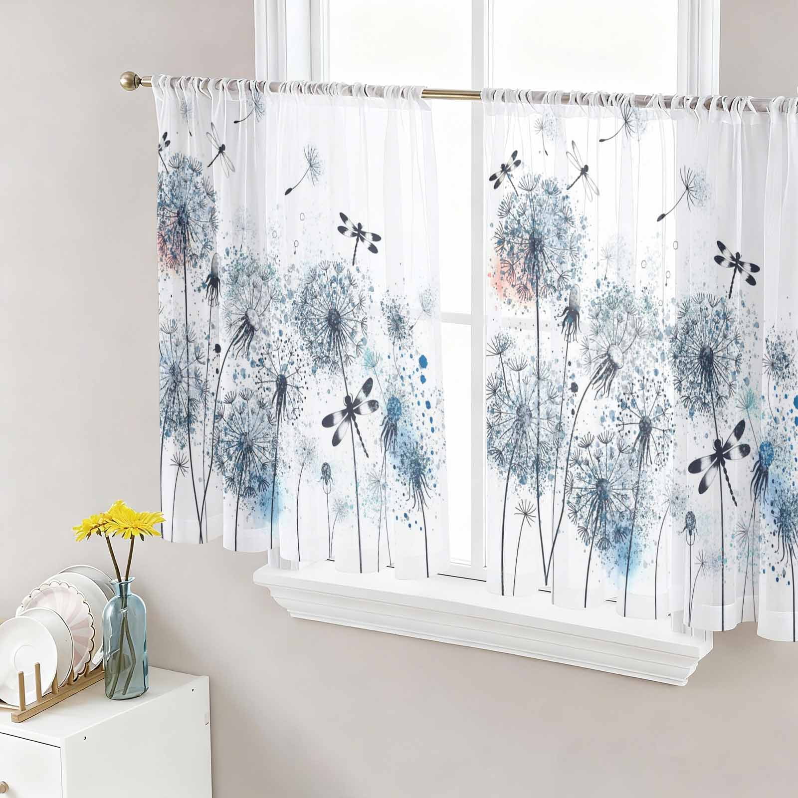 Blue Teal Dandelion Semi Sheer Curtains 45 Inch Length 2 Panels Set ...