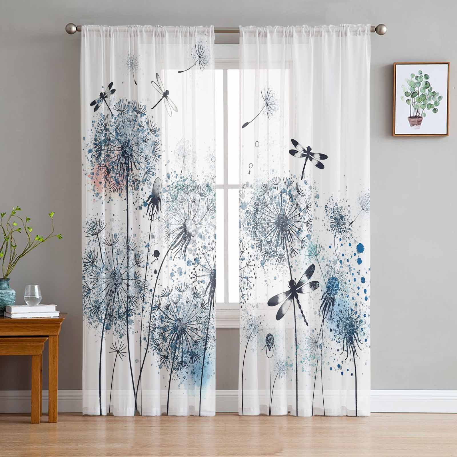 Blue Teal Dandelion Sheer Curtains 63 Inches Length 2 Panels Set ...