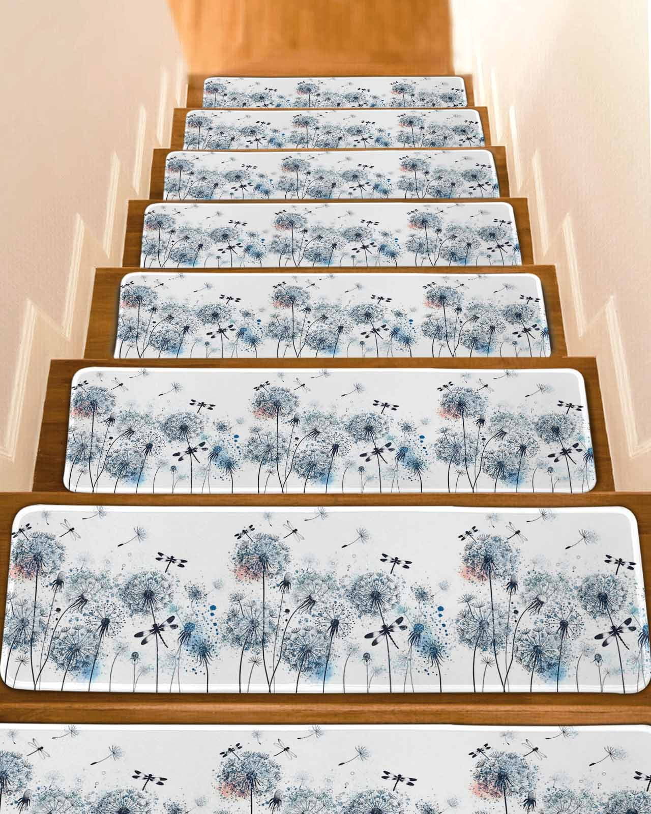 Blue Teal Dandelion Stair Treads for Wooden Steps Indoor Runner Rug ...