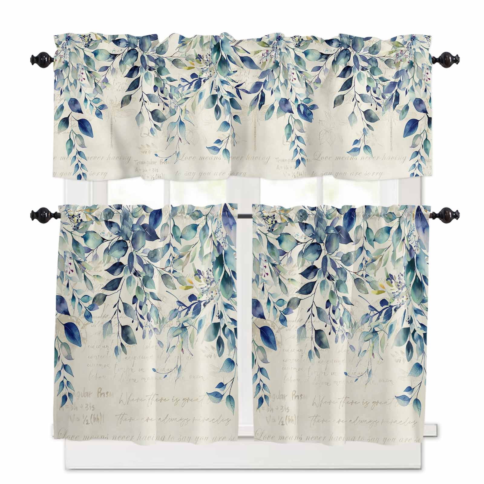 Blue Teal Eucalyptus Leaves Kitchen Curtains and Valances Set, 3 Piece ...