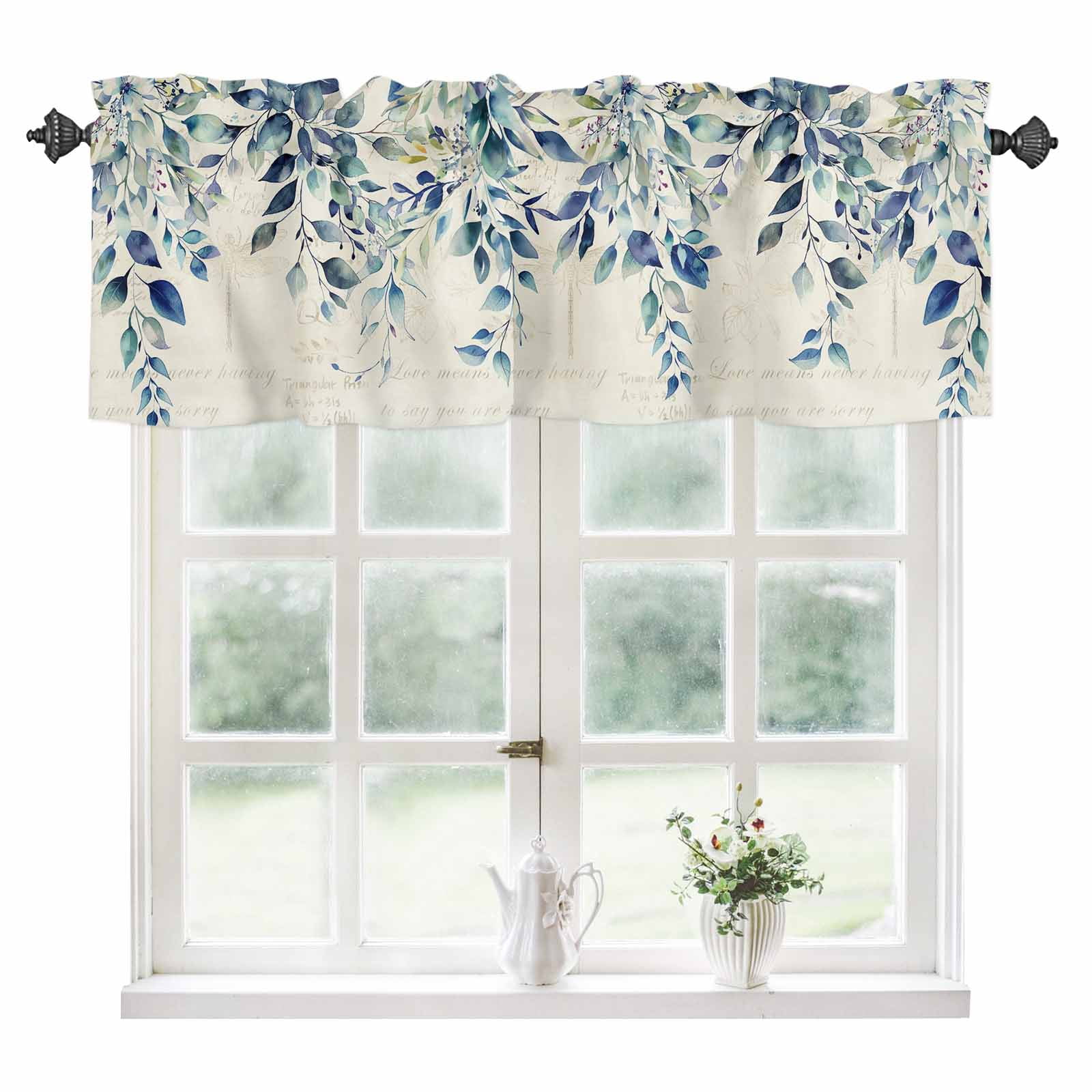 Blue Teal Eucalyptus Leaves Kitchen Valances for Windows 42x18 Inch ...