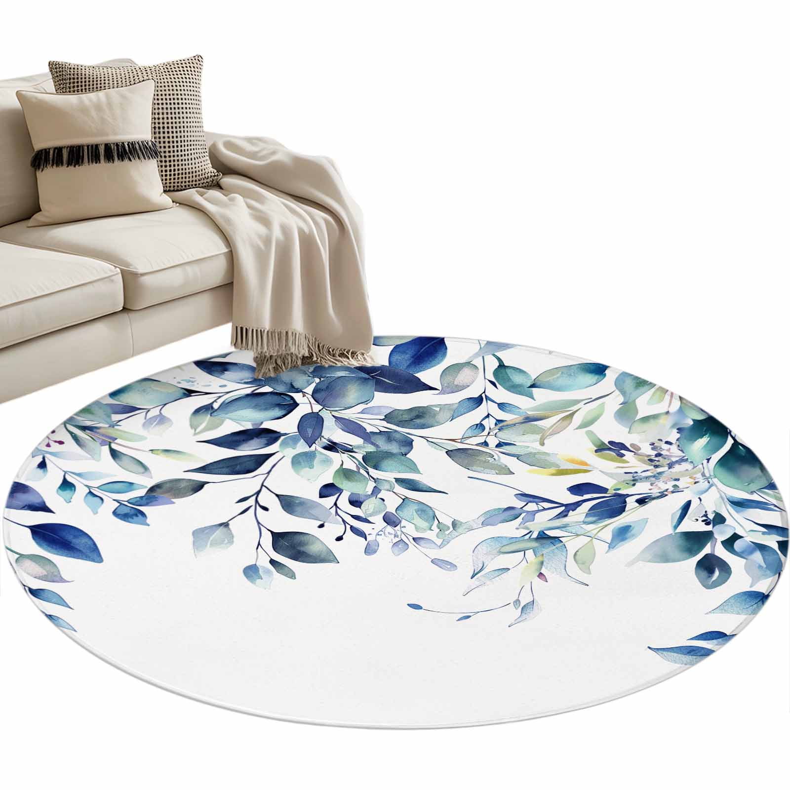 Blue Teal Eucalyptus Leaves Round Area Rug 4ft, Watercolor Weeping ...