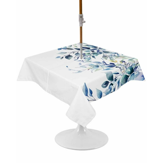 Blue Teal Eucalyptus Leaves Square Outdoor Tablecloth, Waterproof Table ...