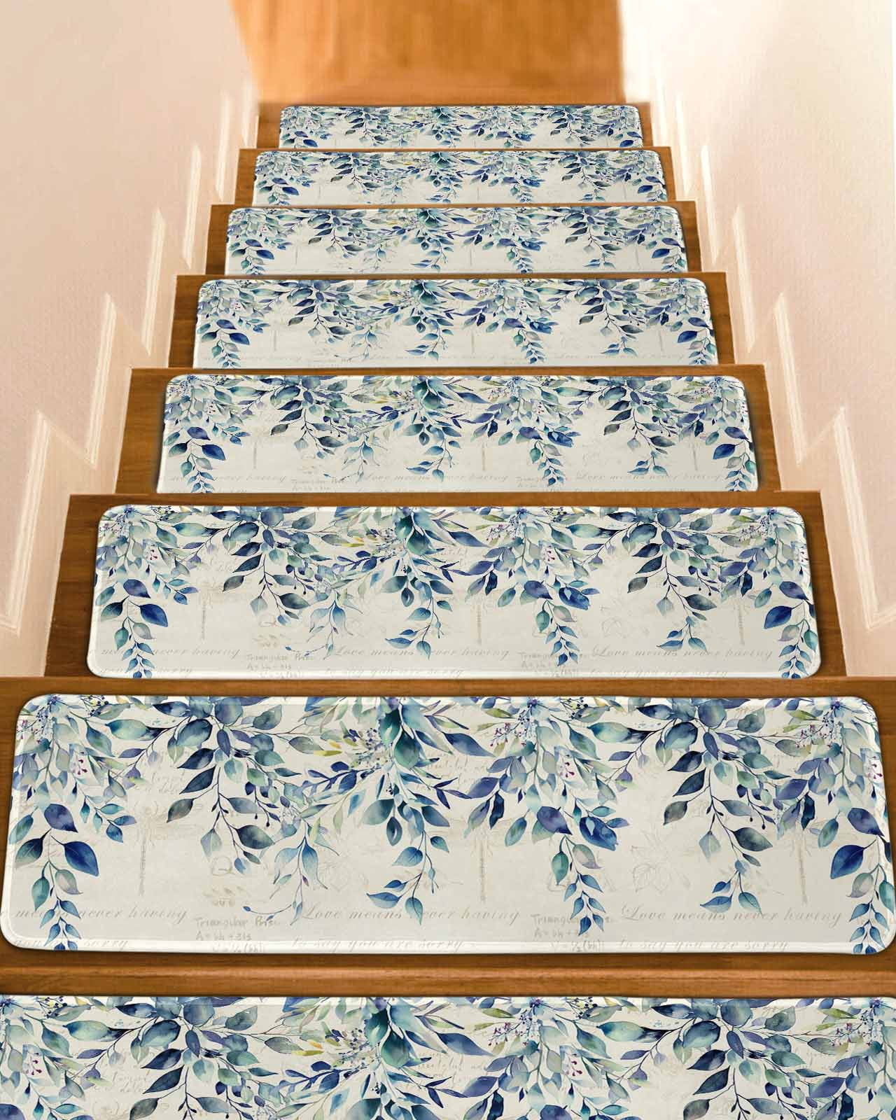 Blue Teal Eucalyptus Leaves Stair Treads for Wooden Steps Indoor Runner ...