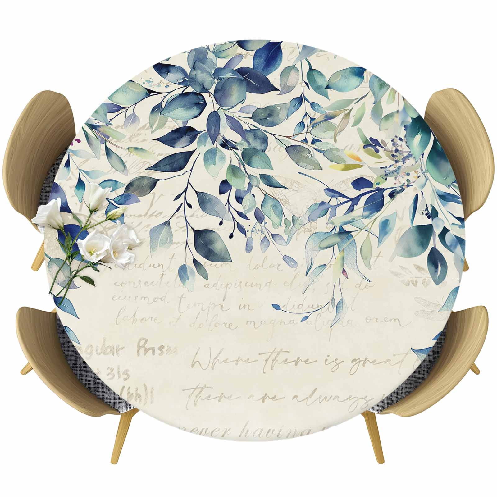 Blue Teal Eucalyptus Leaves Table Cloth, Round Fitted Tablecloths with ...