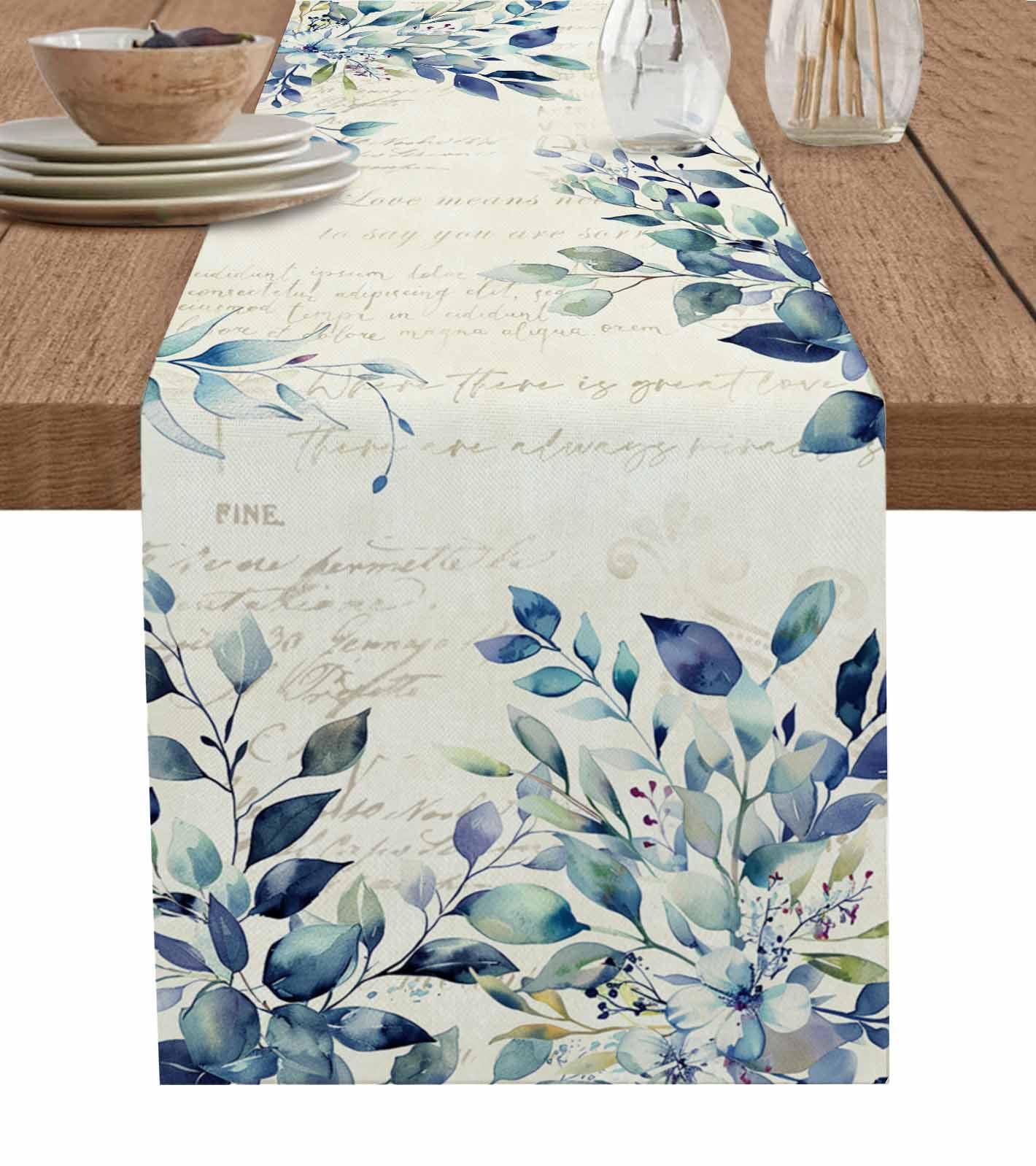 Blue Teal Eucalyptus Leaves Table Runner Watercolor Vintage Botanical ...