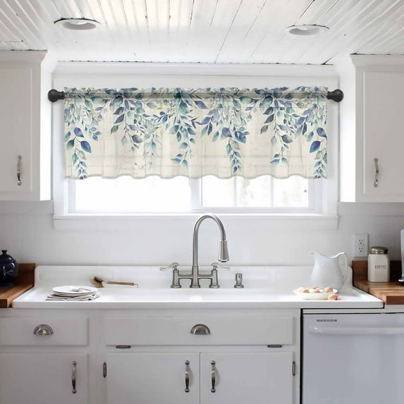 Blue Teal Eucalyptus Leaves Valance Curtains for Kitchen/Living Room ...