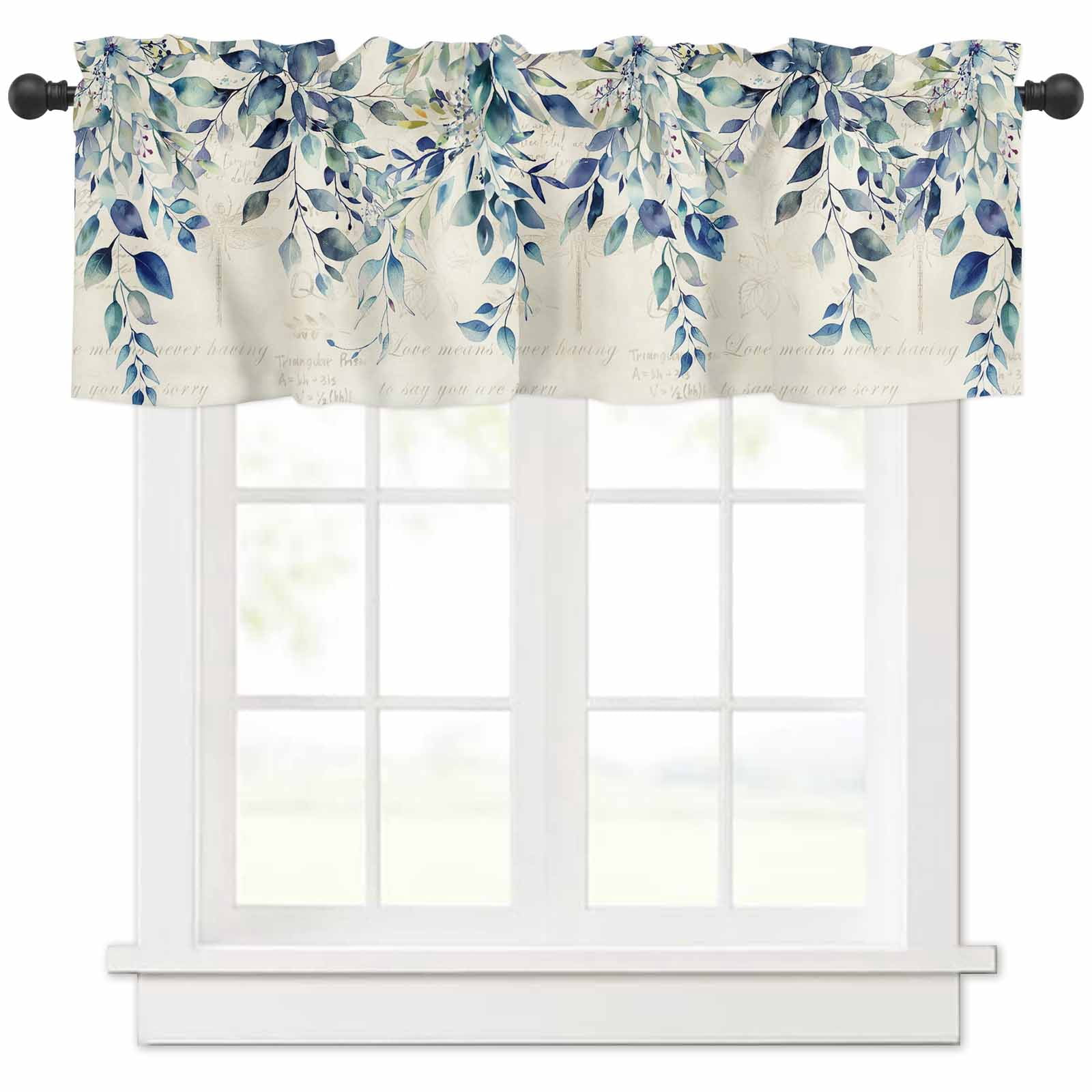 Blue Teal Eucalyptus Leaves Valances for Windows Farmhouse Kitchen ...