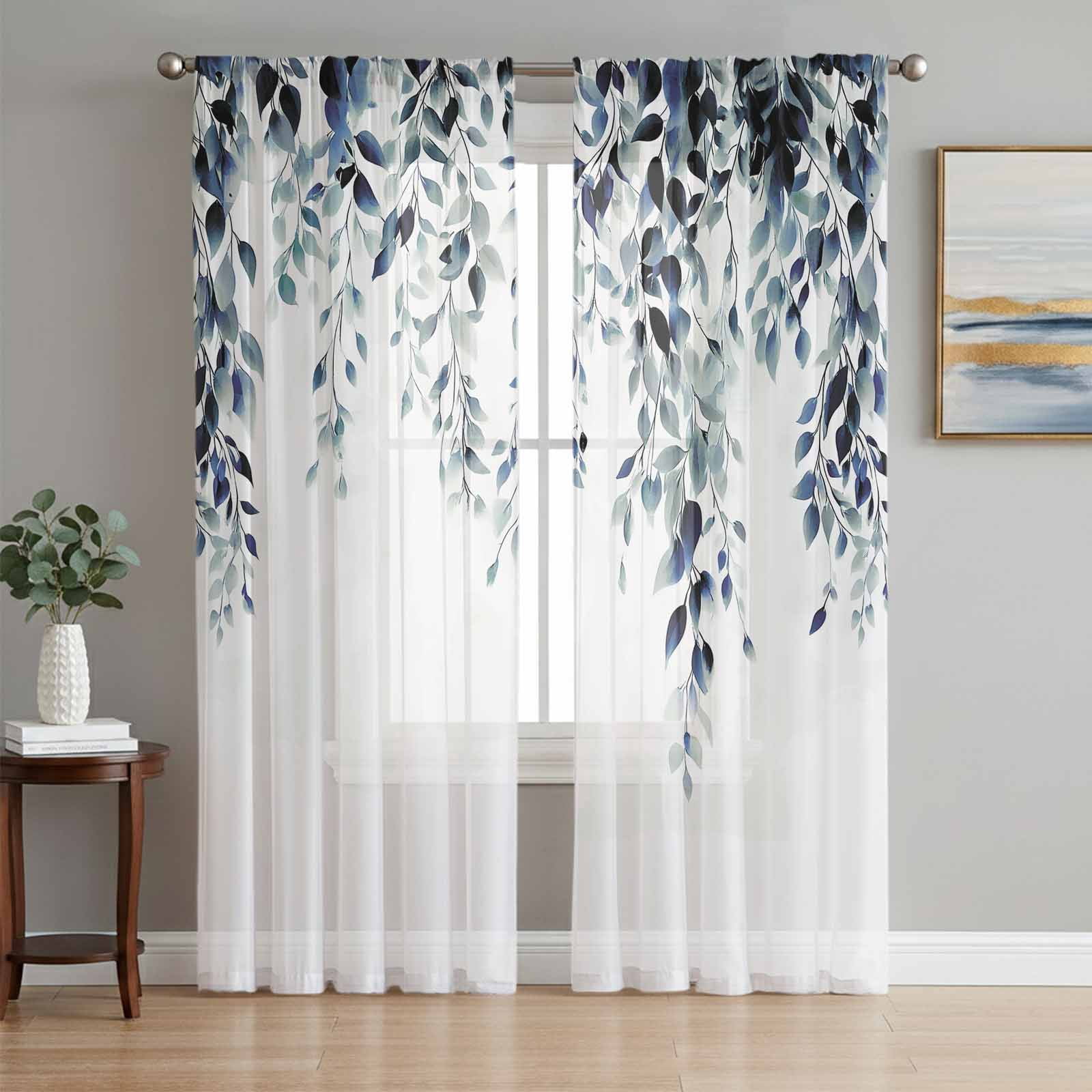 Blue Teal Eucalyptus Sheer Curtains 96 Inch Length 2 Panels Set ...