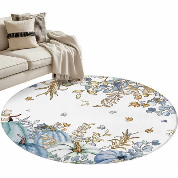 Blue Teal Fall 3ft Area Rug, Thanksgiving Pumpkins Watercolor Botanical ...