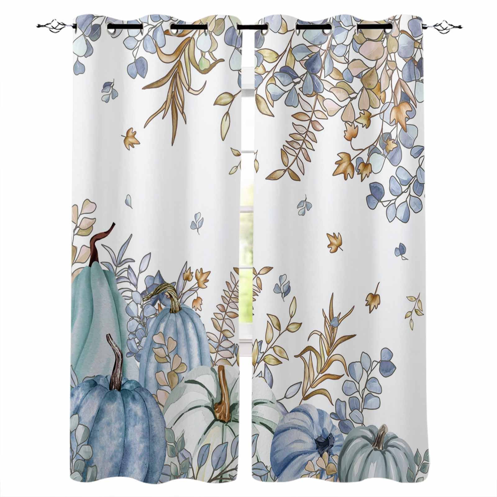 Blue Teal Fall Blackout Curtains 63 Inches Long, Thanksgiving Pumpkins ...