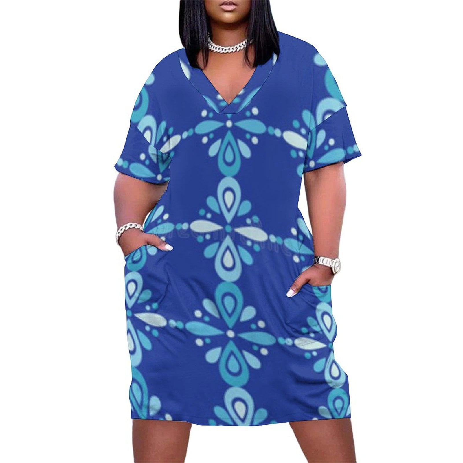 Blue Teal Floral Patterned Design Summer Sundress for Curve Women ...