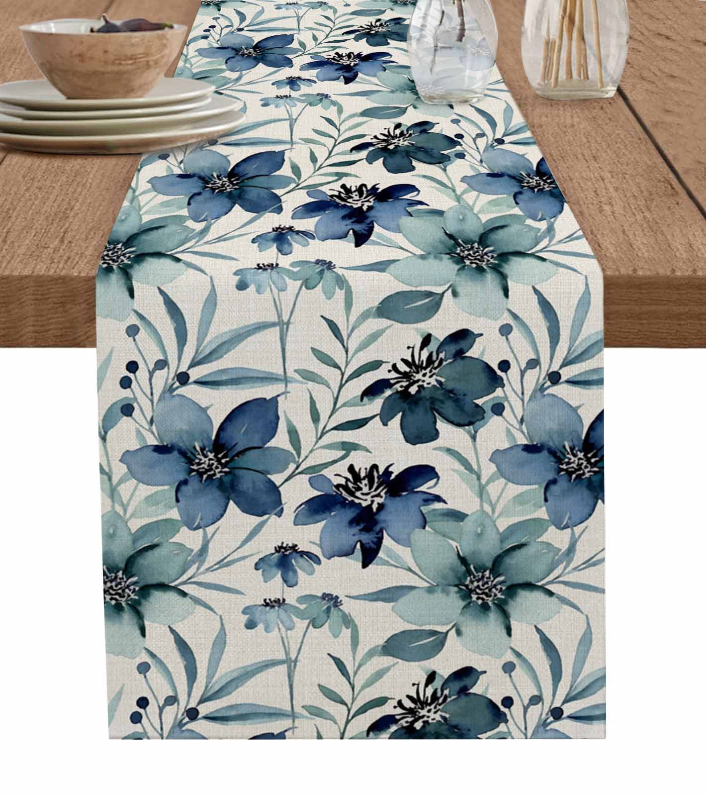 Blue Teal Flowers Burlap-Cotton Table Runner 72 Inches Long,Watercolor ...