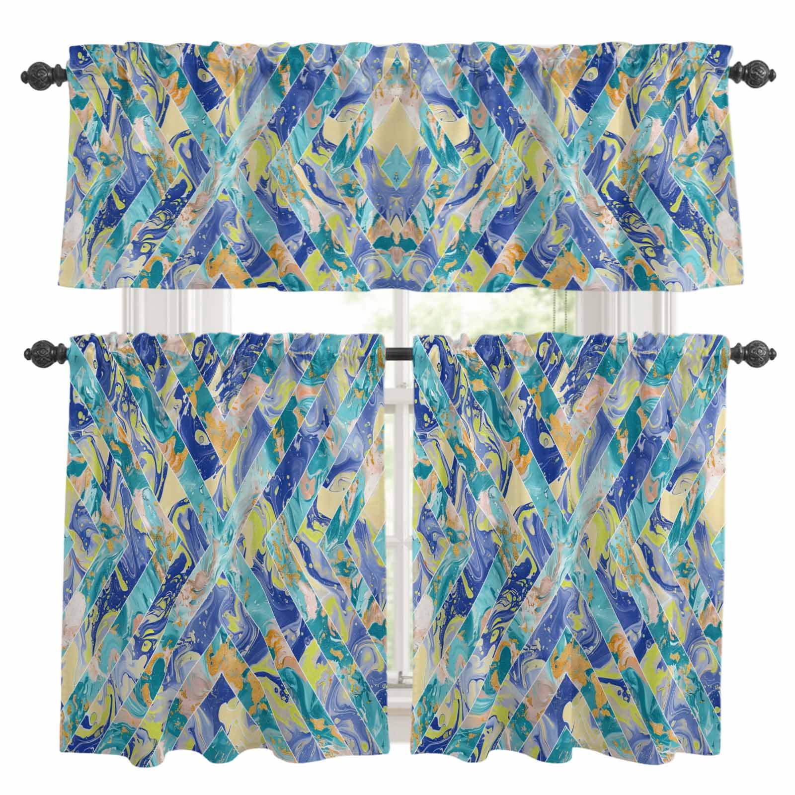 Blue Teal Geometric Kitchen Curtains Sets for Windows 36 Inch Length ...