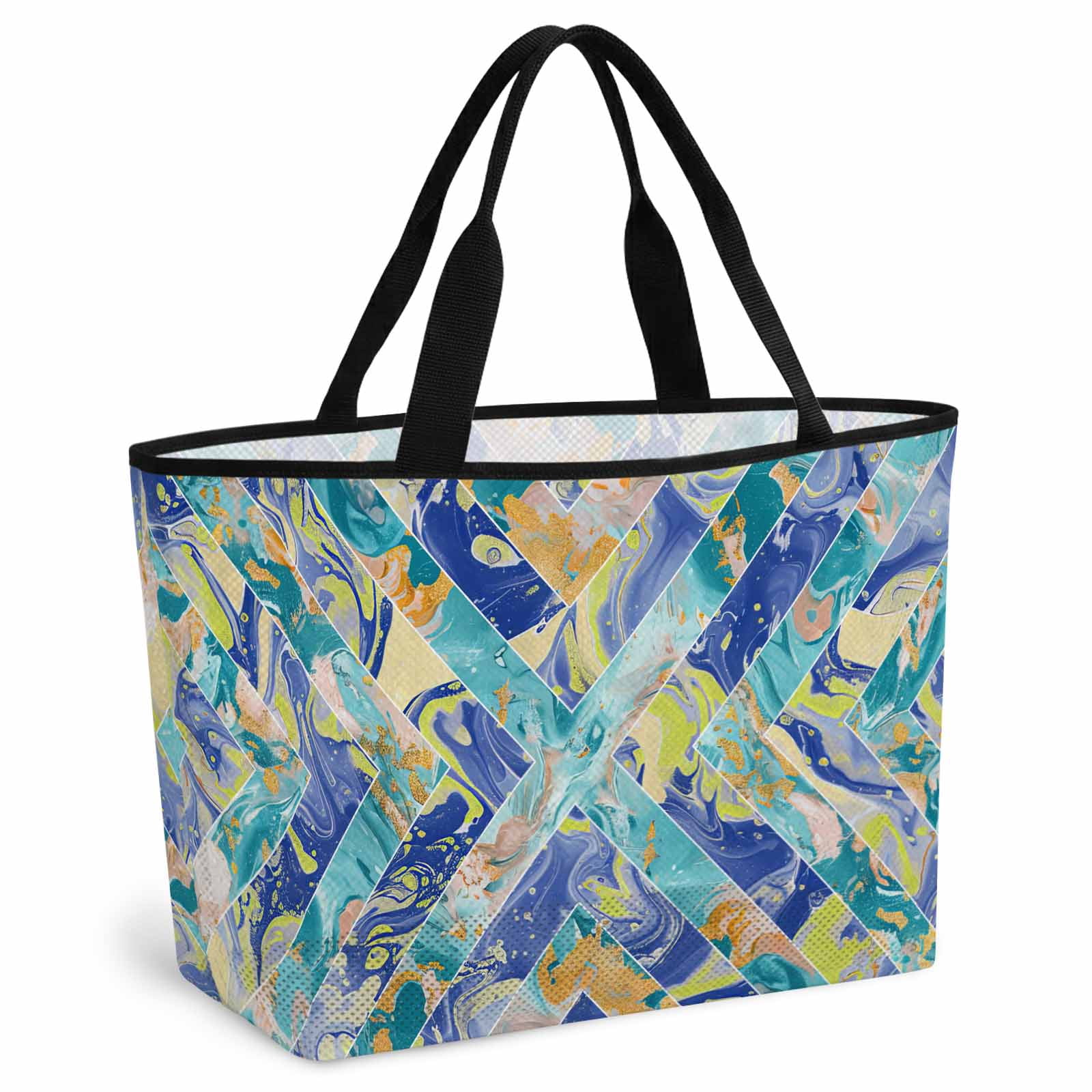 Blue Teal Geometric Mesh Beach Bag for Women Men,Large Beach Tote ...