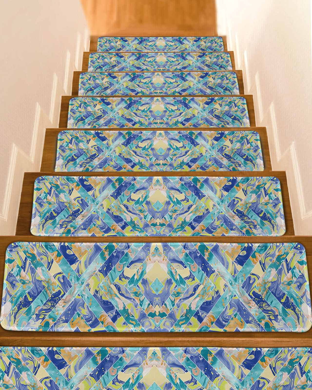 Blue Teal Geometric Non-Slip Stair Treads for Wooden Steps, 7 Pack ...