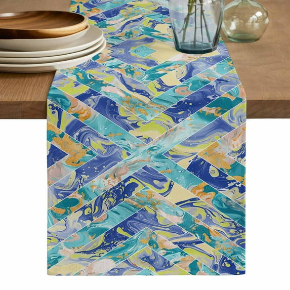 Blue Teal Geometric Table Runner, Grey Marble Abstract Art Modern ...